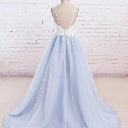 Light Blue Spaghetti Straps Appliques V-neck Tulle Long Prom Dress With ...