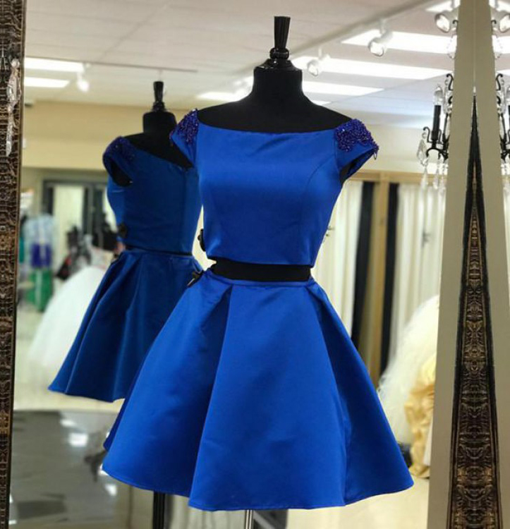 Two Pieces Cap Sleeveless Mini Prom Dresses, Style Bateau Satin Short ...