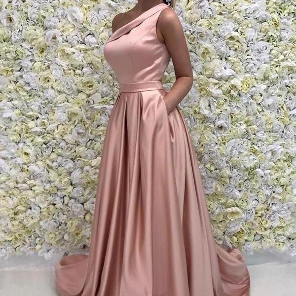 Pink A-line Prom Dresses,one Shoulder Prom Dresses,long Satin Prom ...