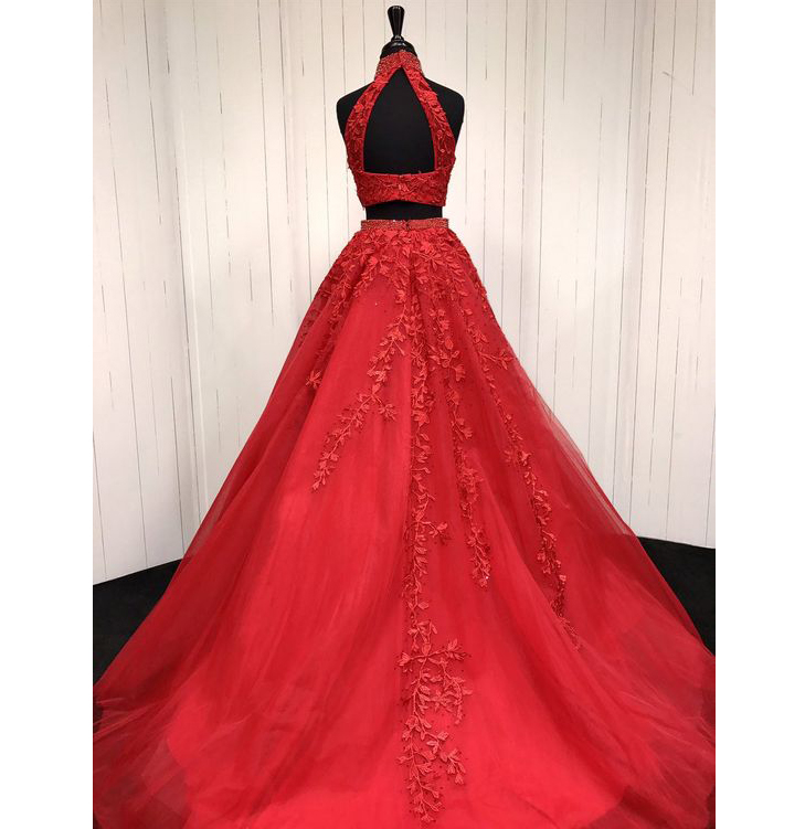 Style Two Piece High Neck Open Back Red Prom Dress,a-line Lace Applique ...