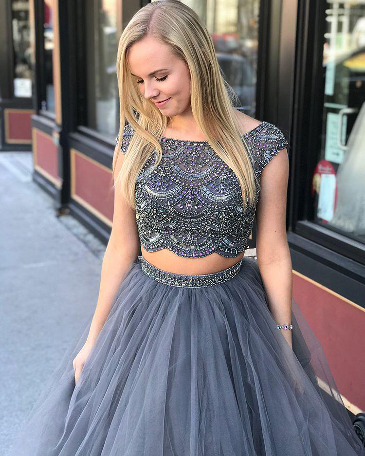 Two Piece Cap Sleeves Beading Prom Dress,a Line Long Tulle Prom Dress ...